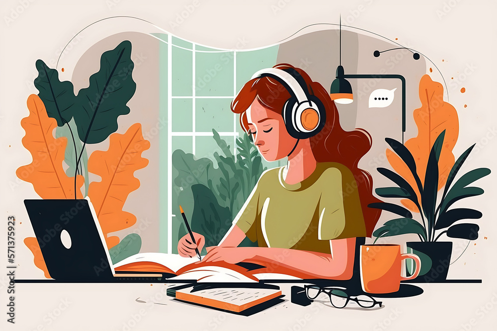Flat vector illustration Busy young female student wearing headphones ...