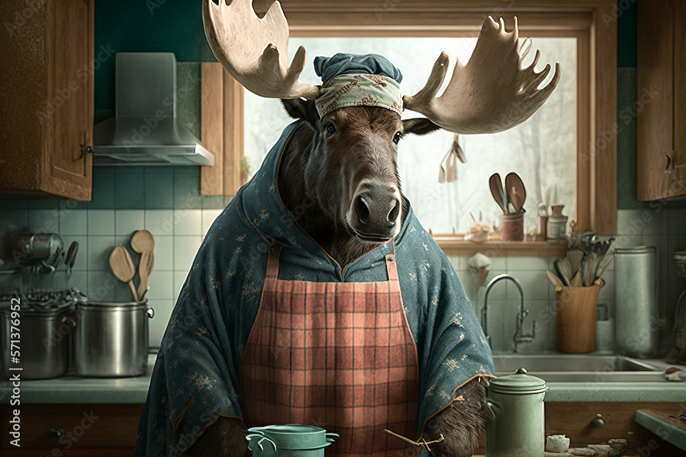 Bull moose in the kitchen wearing an apron and a chef hat cooking up a ...