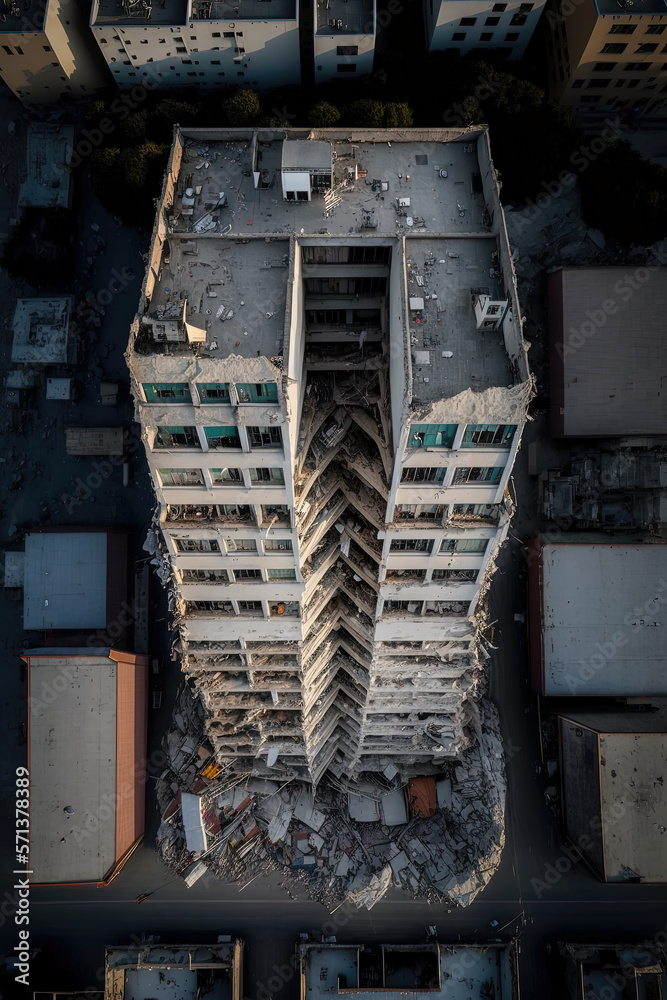 aftermath of an earthquake in Turkey, a destroyed building from a top ...