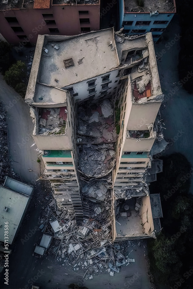 aftermath of an earthquake in Turkey, a destroyed building from a top ...