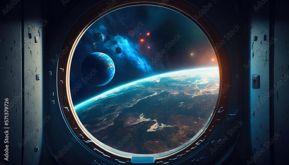 The planet surface is visible from the window of a starship. The planet ...