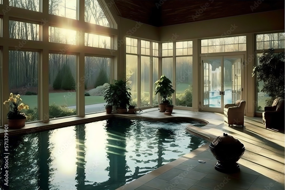 A luxurious spa with an indoor pool, surrounded by large windows and ...