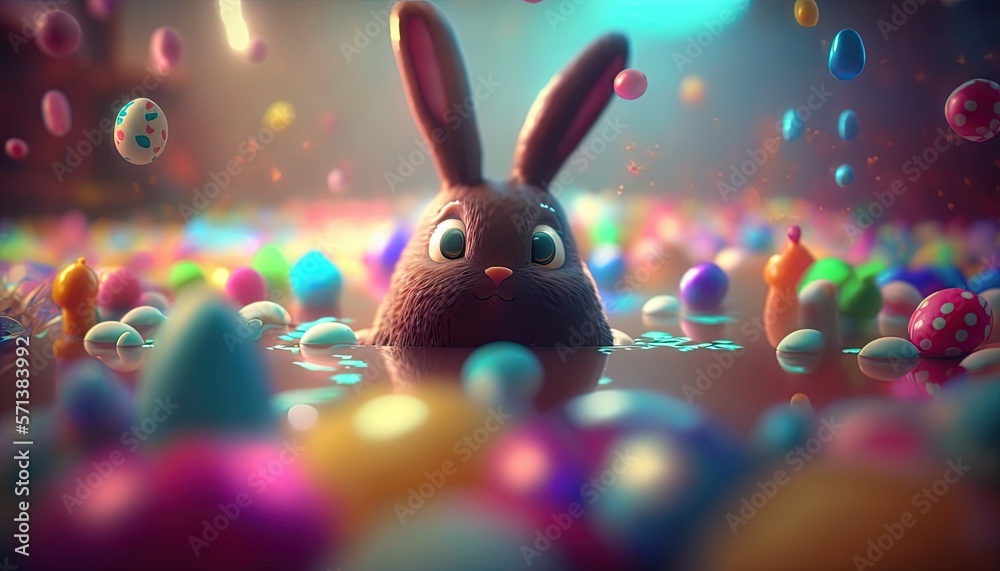 Ultra-detailed 3D chocolate Easter bunny swimming in a pool of ...
