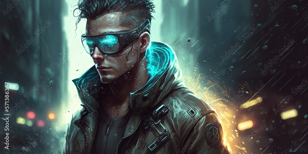 Realistic illustration of a cyberpunk science fiction man. futuristic ...