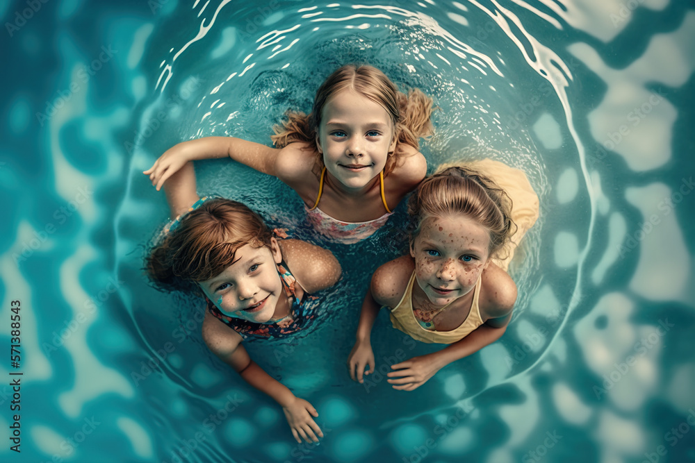 Happy children in a swimming pool, view from above. Cooling off in ...