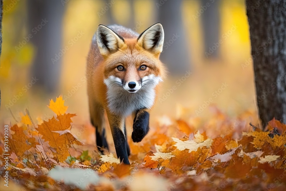 Cute Red Fox, Vulpes vulpes, in a forest in the fall. lovely animal in ...