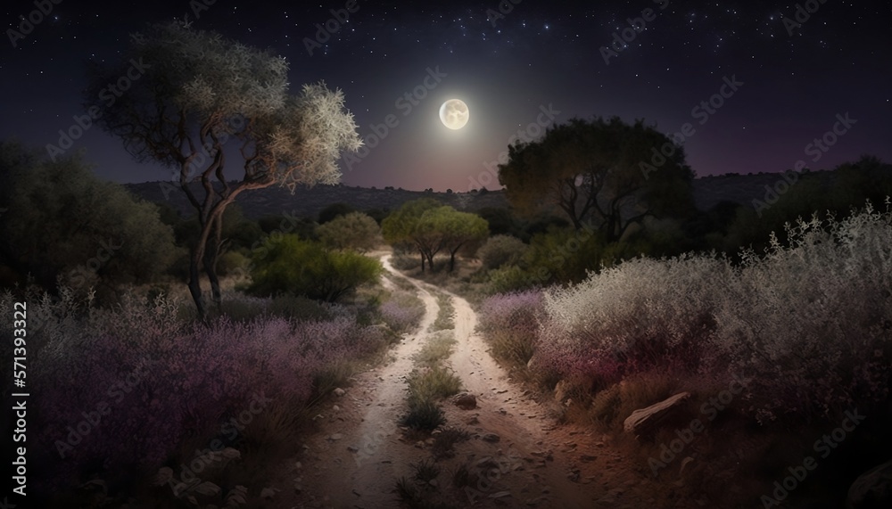 Lavender Field Landscape in Provence at Night Under Moonlight ...