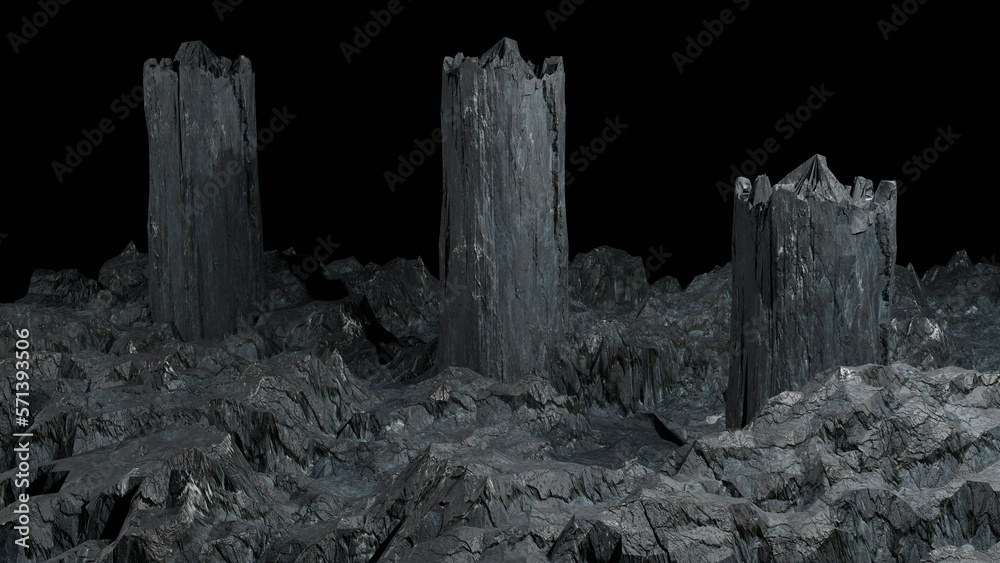 Rocks and columns on a black background, outer space landscape, very ...