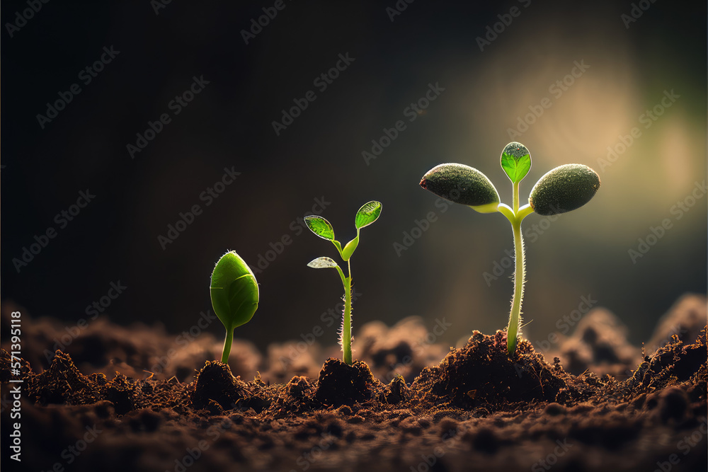 Three stages of plant growing in the ground, a macro photograph ...