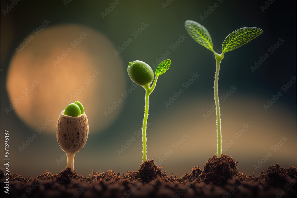 Three stages of plant growing in the ground, a macro photograph ...
