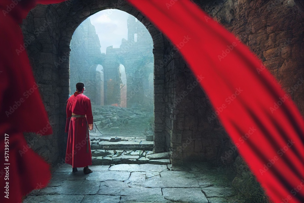 Warrior in the red robe looking at the medieval ruins of the building ...