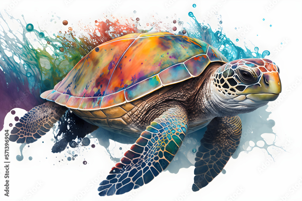 illustration of multicolored sea turtle swimming amidst stains of ...