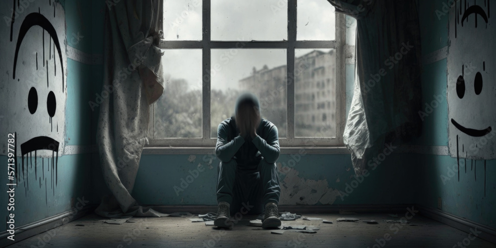 A Young Man, Suffering from Depression and Isolation Sits on the Floor ...
