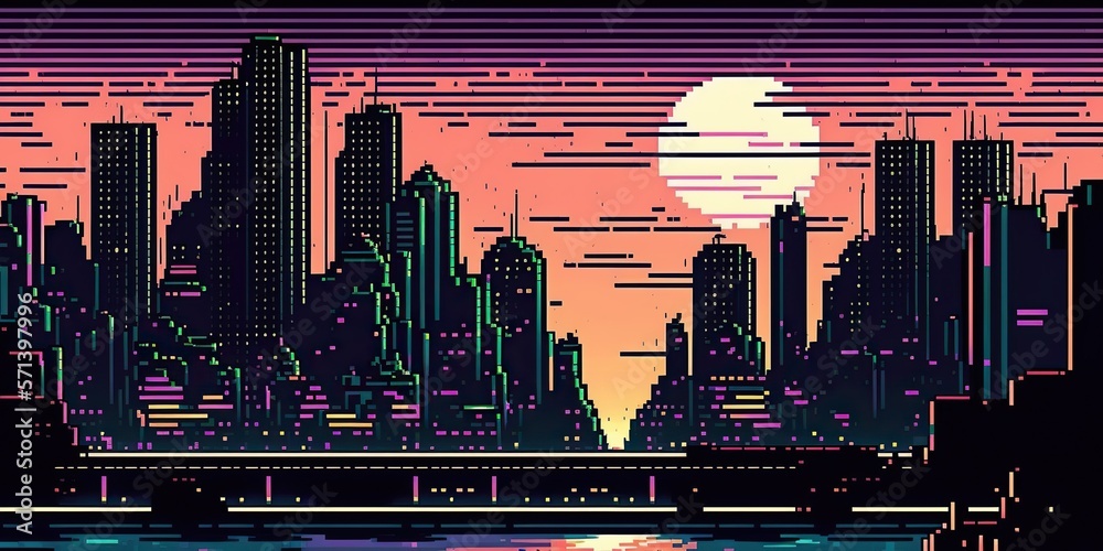 8 bit beautiful cityscape, concept of Pixelated and Retro, created with Generative AI technology ...
