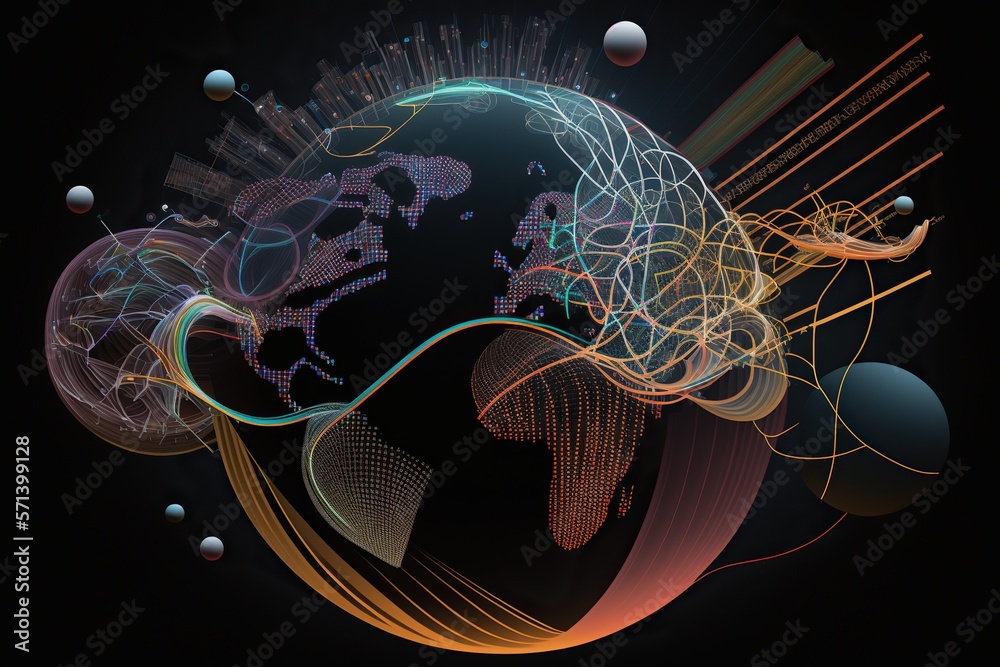 Abstract visualization of global economy with colorful lines shapes and ...