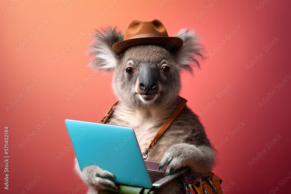 Studio photo portrait of a happy koala in hipster clothes with a laptop ...