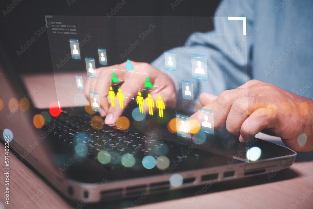 Businessman using multi level diagram on virtual screen, human resource ...