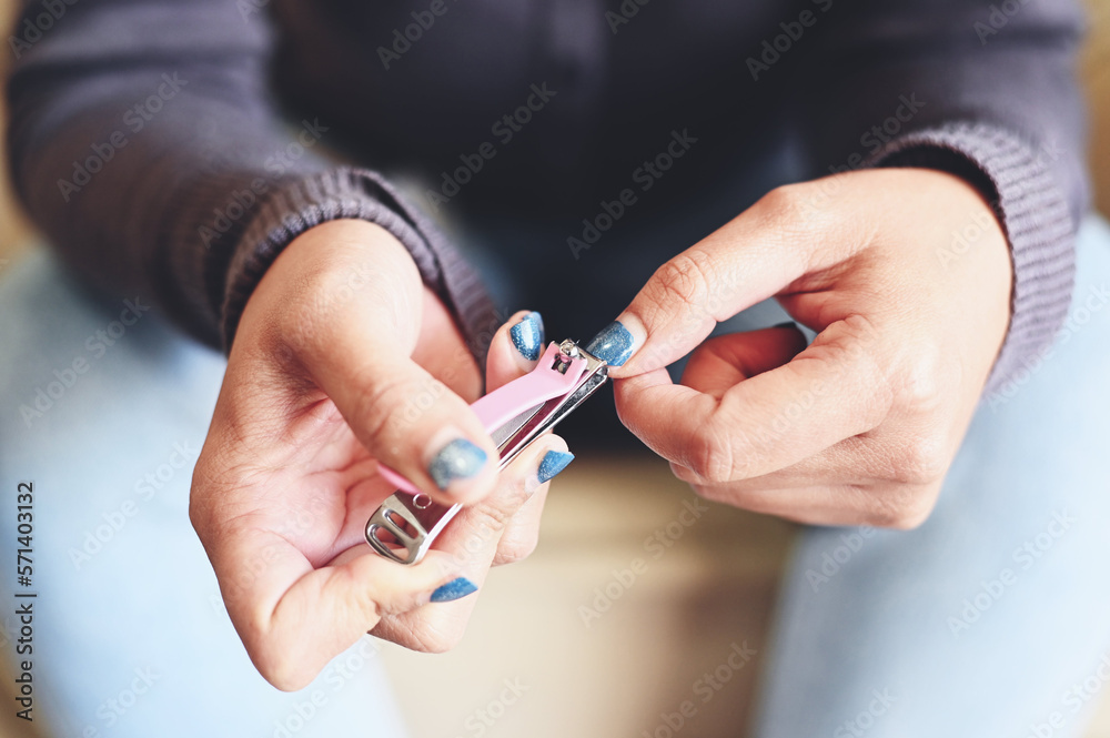 Cut Nails Concept Woman Hand Holding Nail Clipper And Cutting Nails