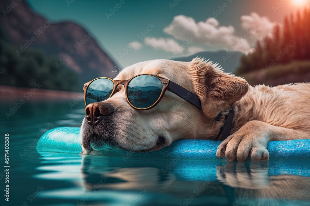 Cute Dog Floating on a Raft with Sunglasses (Created with Generative AI ...