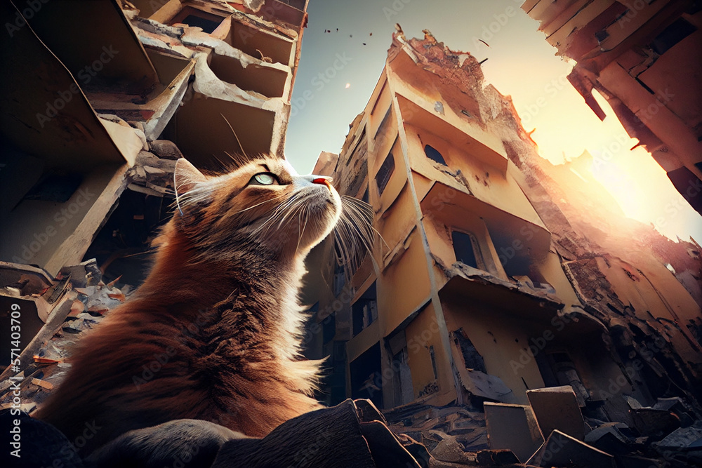 A frightened cat in front of destroyed houses after a strong earthquake ...