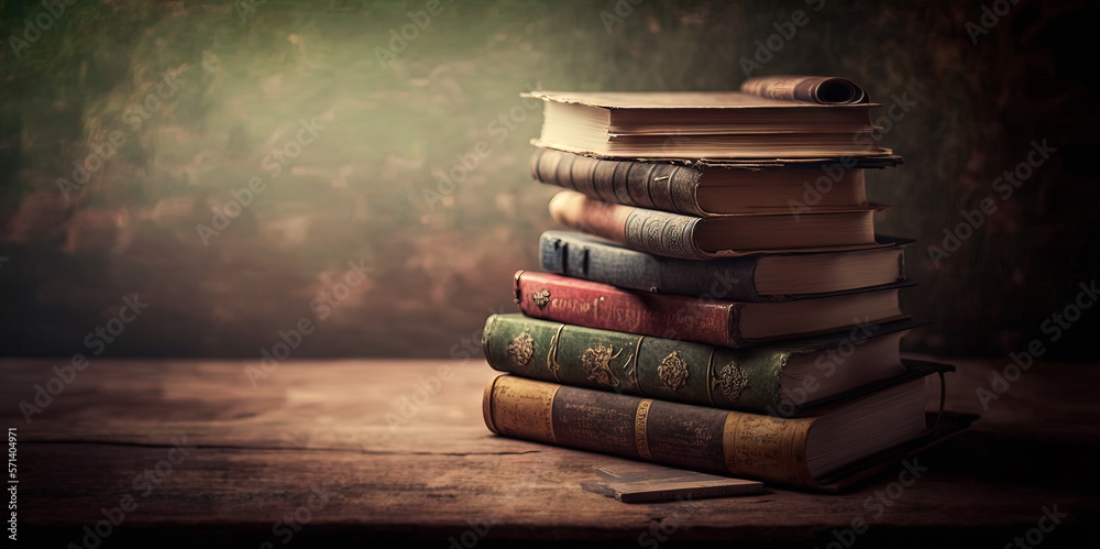 Stack of very old life spell books on an old rustic table. Image ...