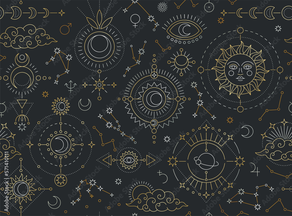 Mystical seamless pattern. Repeating template with magical astrological ...