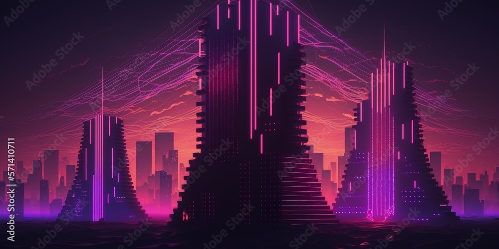 Synthwave neon scene with a grid and luminous towers. Concept for an ...