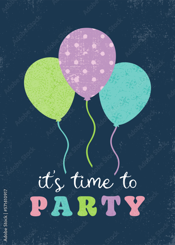 Party balloons and text, in a cut paper style with textures. 5x7 ratio ...