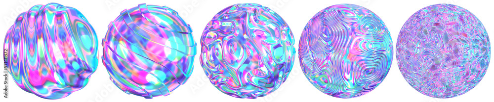 Iridescent reflective distorted sphere set isolated on transparent ...
