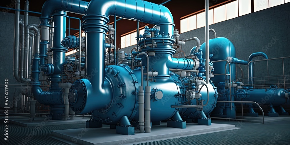 large industrial boiler room and water treatment facility. blue pupms ...