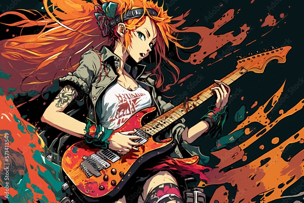 Punk Rock Girl Guitarist Jamming in Anime Style (Generative AI) Stock ...