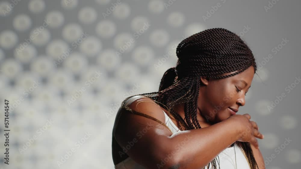 Smiling girl with radiant appearance promoting self love, creating new ...