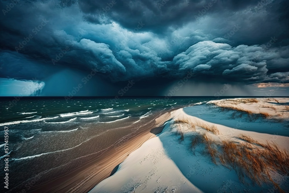 Baltic Sea shrouded in ominous clouds. Thunderstorm. azure sky aerial panorama taken from the ...
