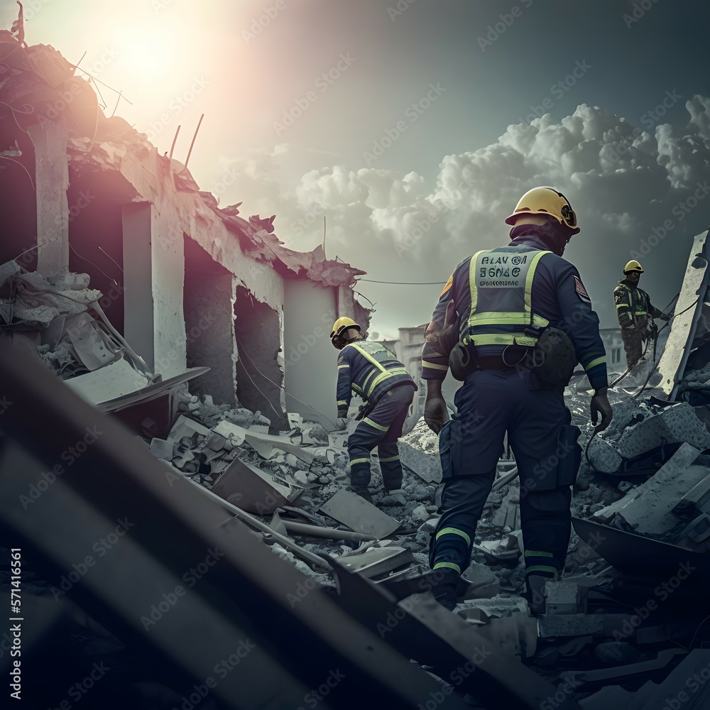 Rescuers in uniform and helmets dismantle the rubble of houses after ...