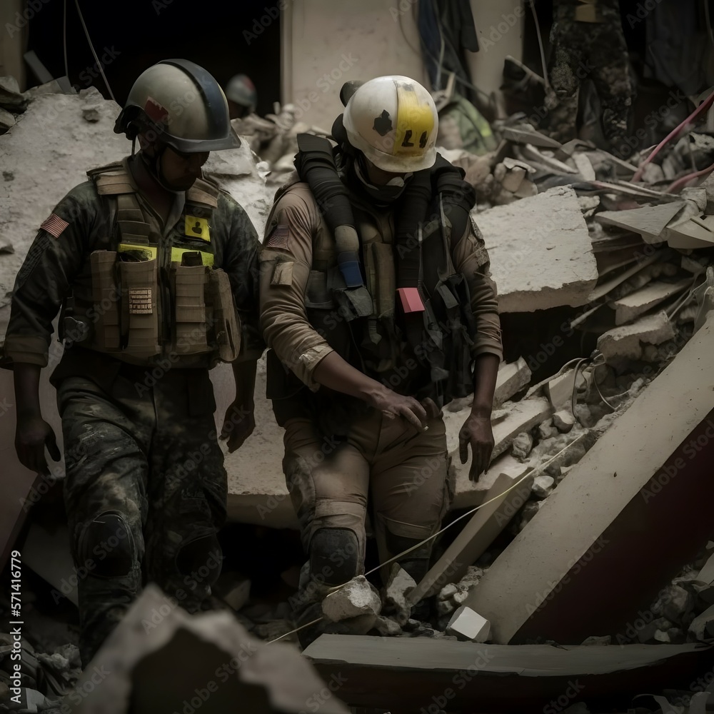 Rescuers in uniform and helmets dismantle the rubble of houses after ...