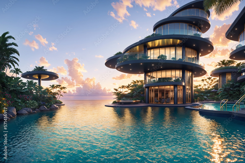 Futuristic modern luxury house with open swimming pool close to sea in ...