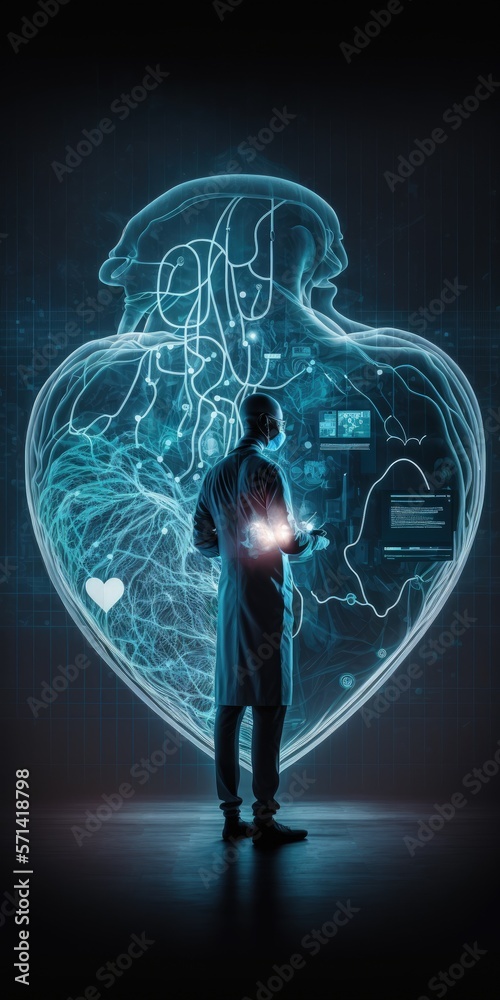 Cardiologist doctor with stethoscope touching heart shaped network ...