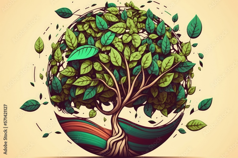 Concept of an eco friendly globe. A green tree with drawings of a ...