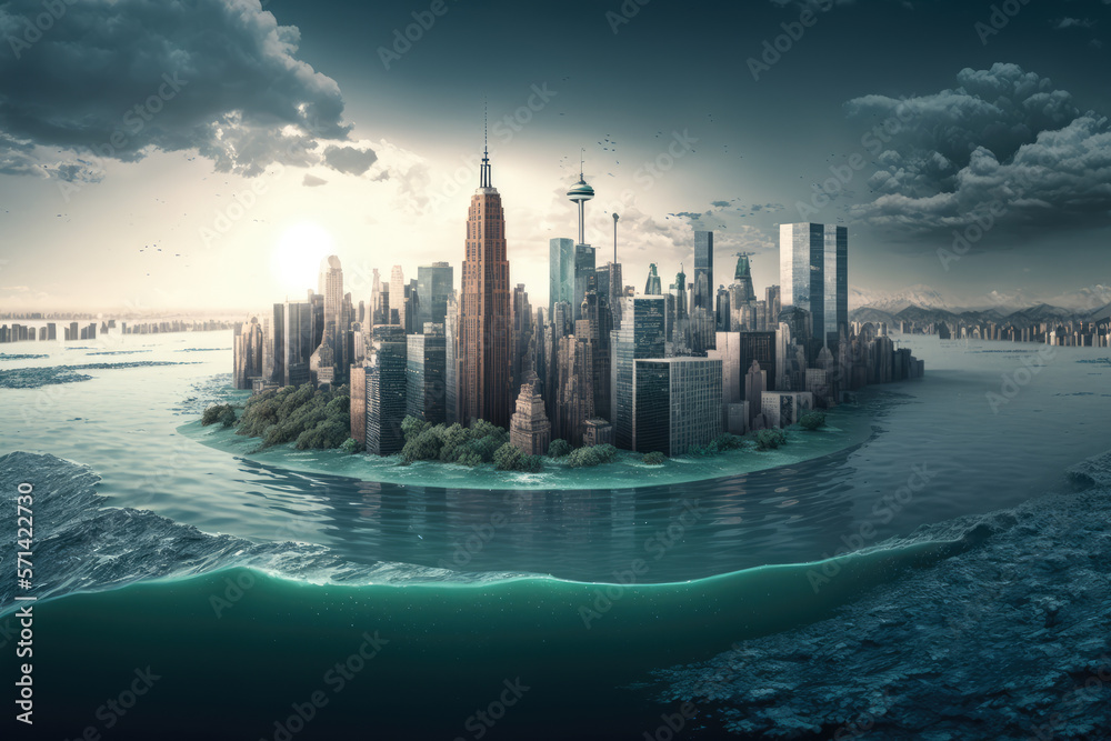 city being flooded by rising sea levels caused by climate change ...