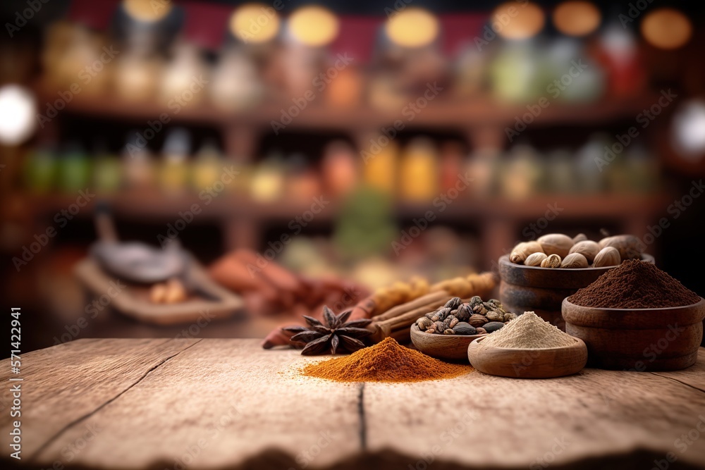 Close up to spices in spice market as background. Banner with copy ...