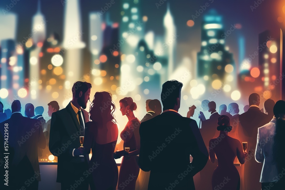 Group of people at fancy in rooftop party at night with the city lights ...