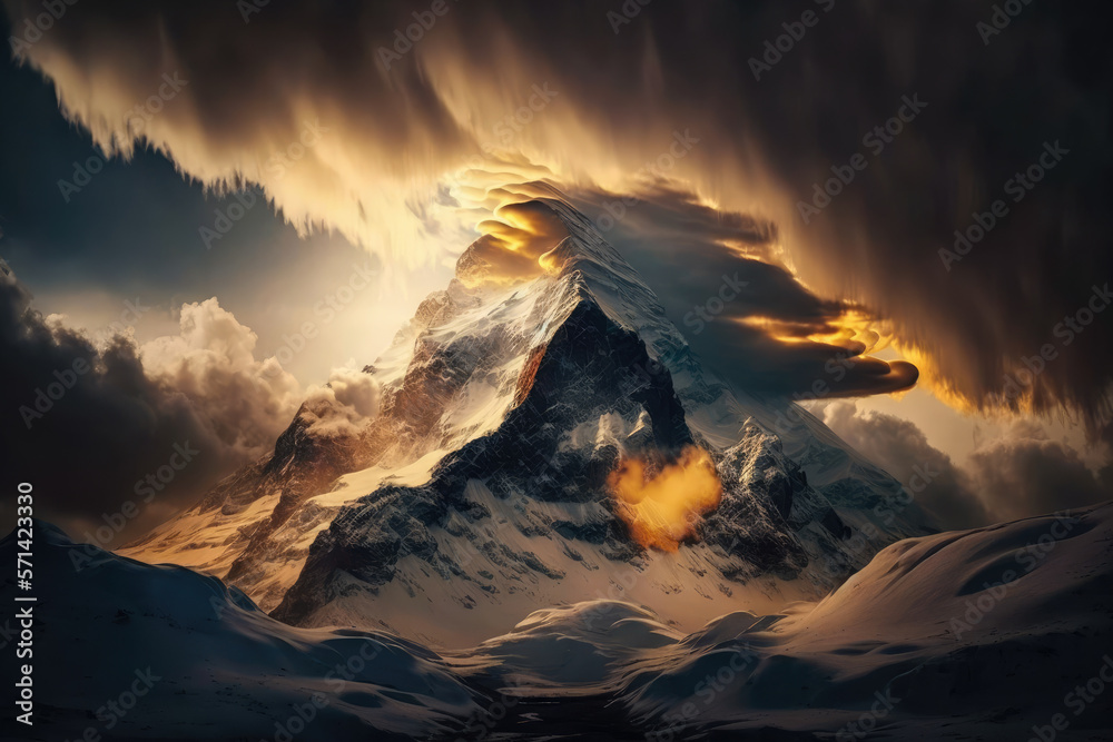 majestic snowy mountain peak, with a golden sky during sunrise, and ...