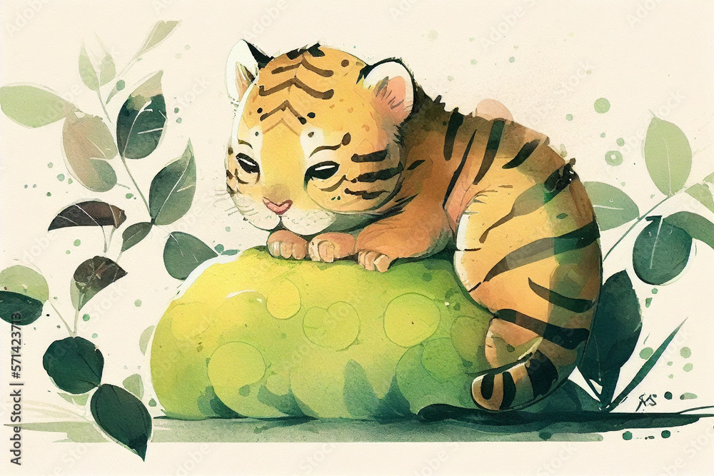 Soft-looking Cute Tiger with a leaf is shown in a watercolor drawing or ...
