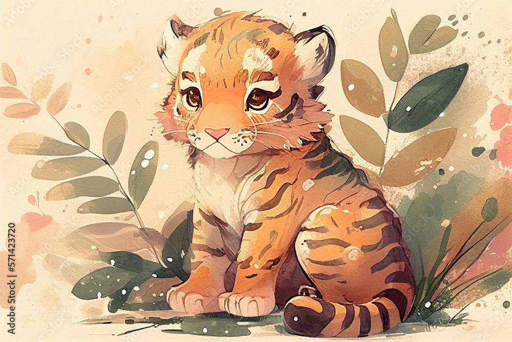 Soft-looking Cute Tiger with a leaf is shown in a watercolor drawing or ...