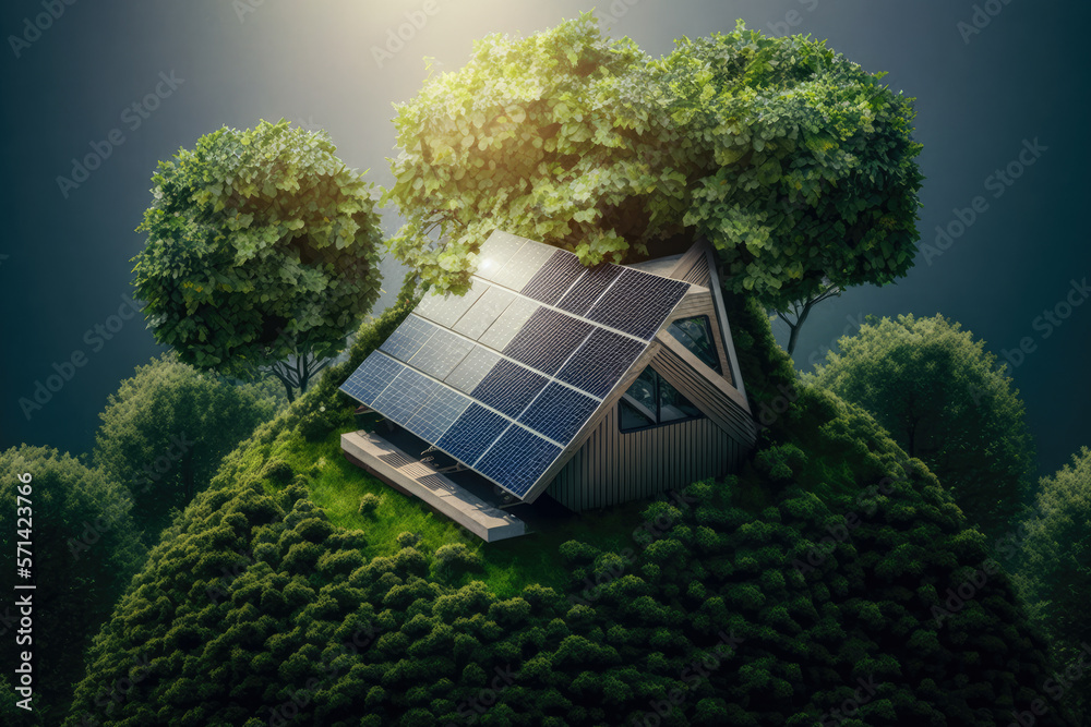 solar panel on a rooftop of a house, surrounded by greenery ...