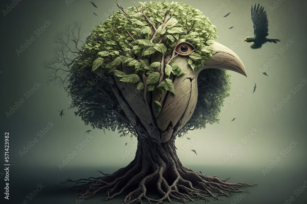 Tree with a face and arms, holding a small bird in its hand ...