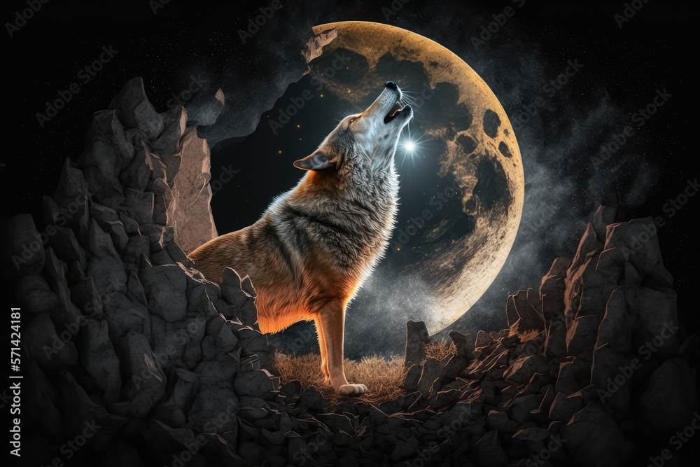 wolf howling at the moon, with a ring of stones around it, signifying ...