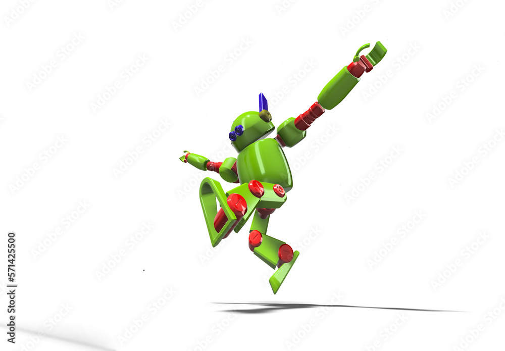 Cute robot with hand up,foot up and jumping in the air white background ...