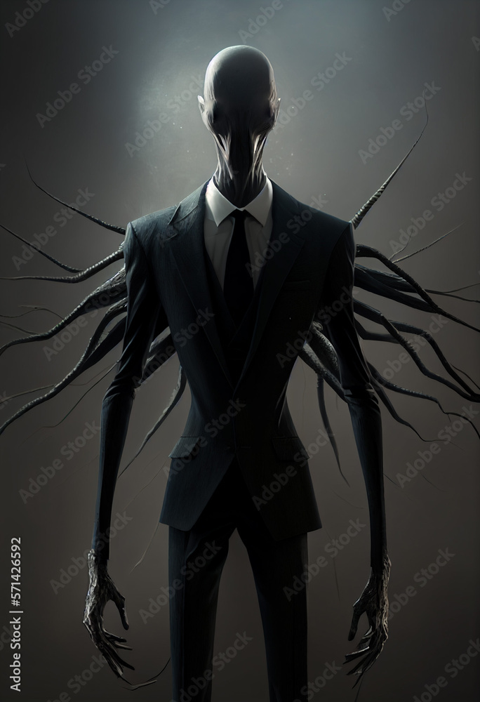 Slender Man in a suit in a dark foggy forest, generative AI Stock ...