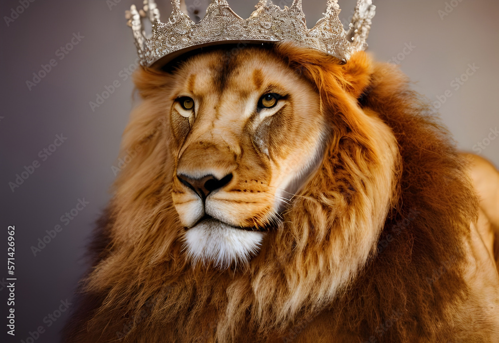 Lion king wearing the golden crown on his head isolated , Portrait ...